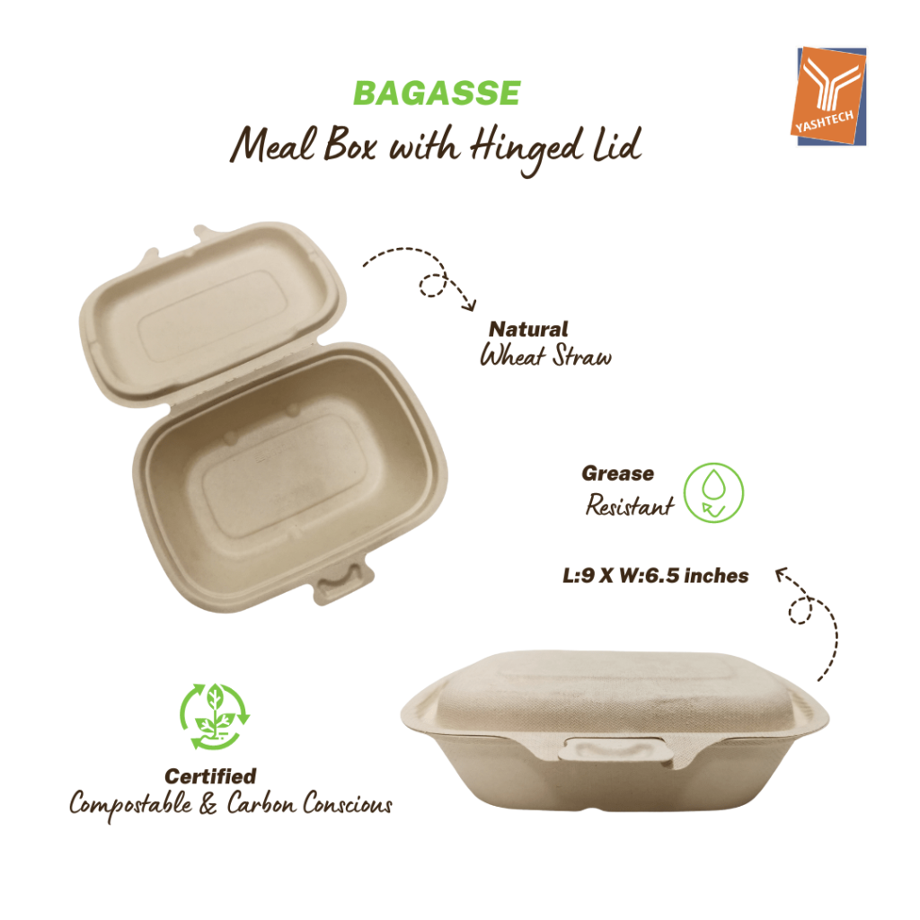 Bagasse Meal Box with Hinged Lid - Yashtech